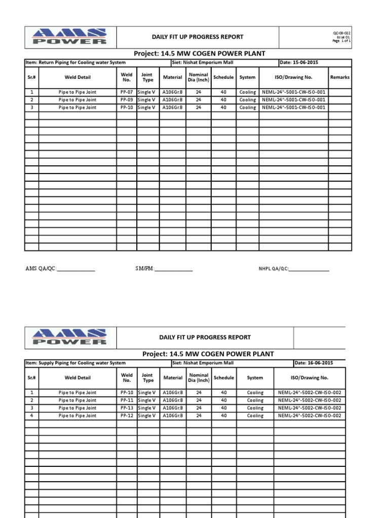 Fitup Progress Report - Piping | PDF