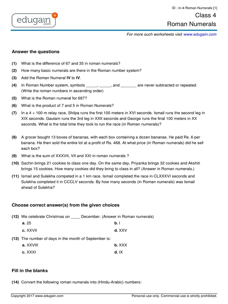 Grade 4 Roman Numerals in | PDF | Subtraction | Mathematical Notation