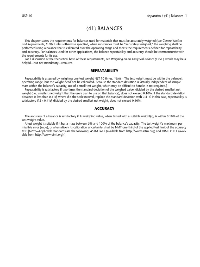 c41 - USP General Chapters 41 For Repeatability & Accuracy of Balance | PDF