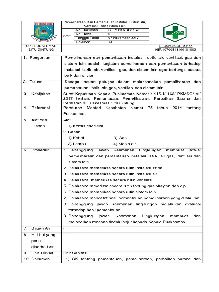 8.5.1.2 Sop Pemeliharaan Dan Pemantauan Instalasi Listrik, Air, Ventilasi | PDF