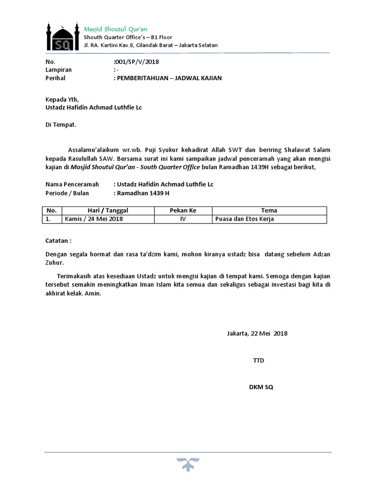 Surat Pemberitahuan Jadwal Kajian MSQ (Ramadhan) - Ustadz Hafidin | PDF