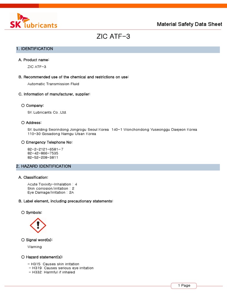ZIC ATF-3 Material Safety Data Sheet | PDF | Fires | Combustion