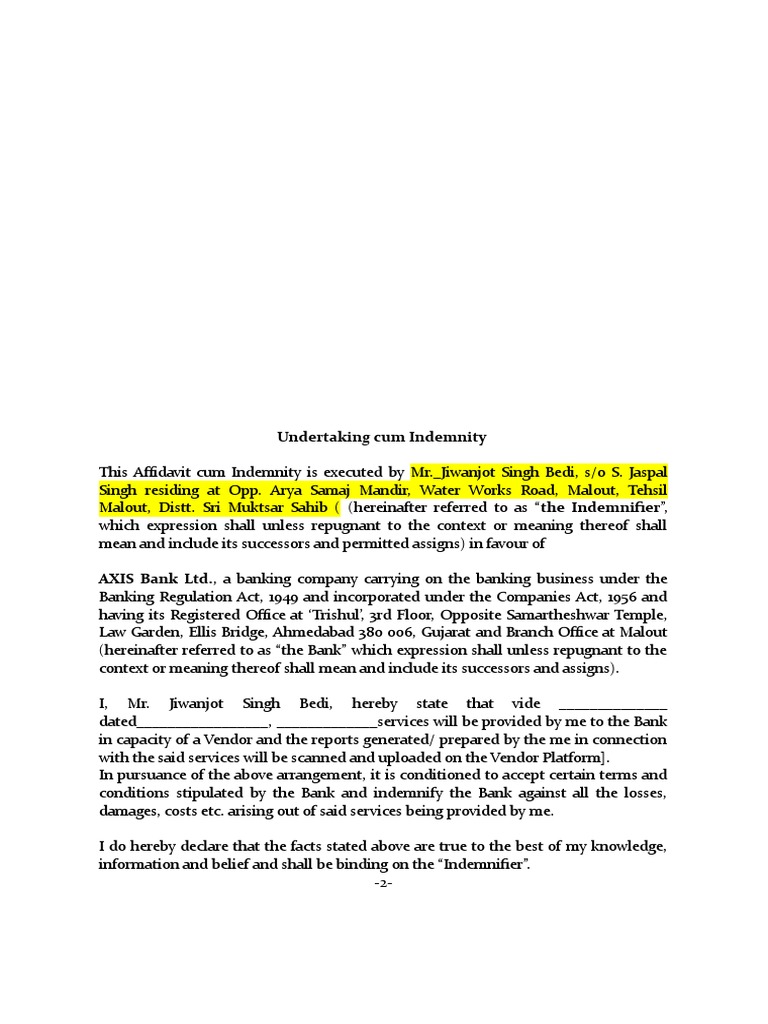 Undertaking Cum Indemnity - Format Vendor Platform | PDF | Source Code ...