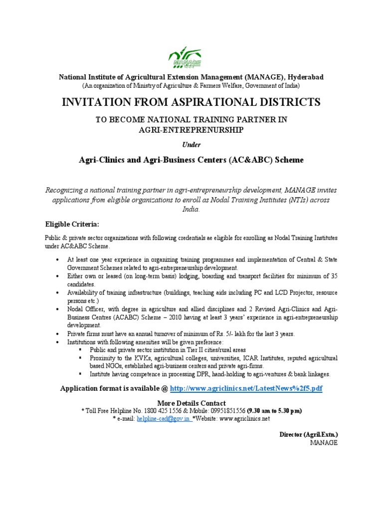 Invitation From Aspirational Districts: Agri-Clinics and Agri-Business ...