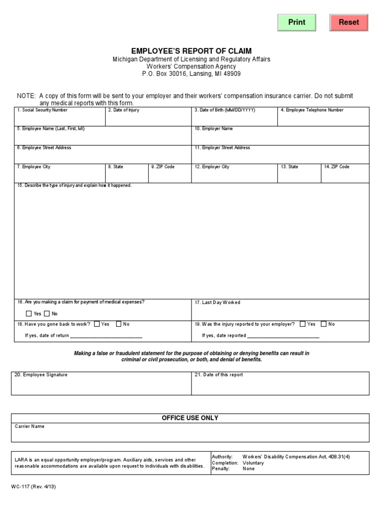 Michigan Workers' Comp Claim Form WC-117 | PDF | Workers' Compensation ...
