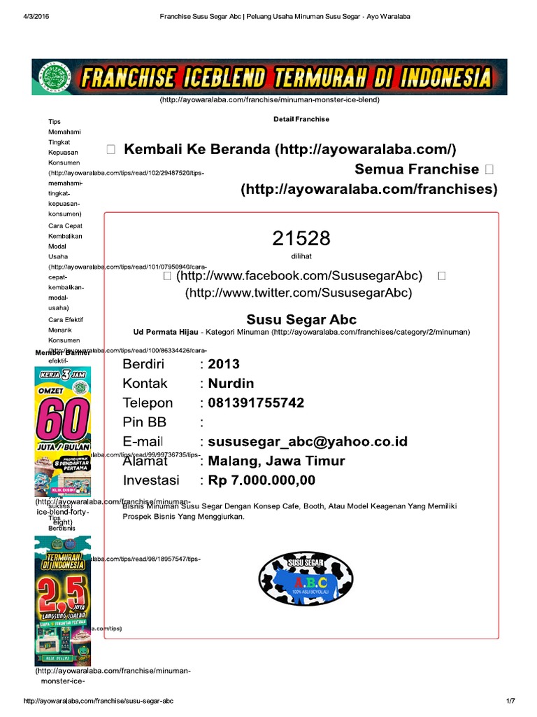 Franchise Susu Segar ABC - Peluang Usaha Minuman Susu Segar - Ayo Waralaba | PDF