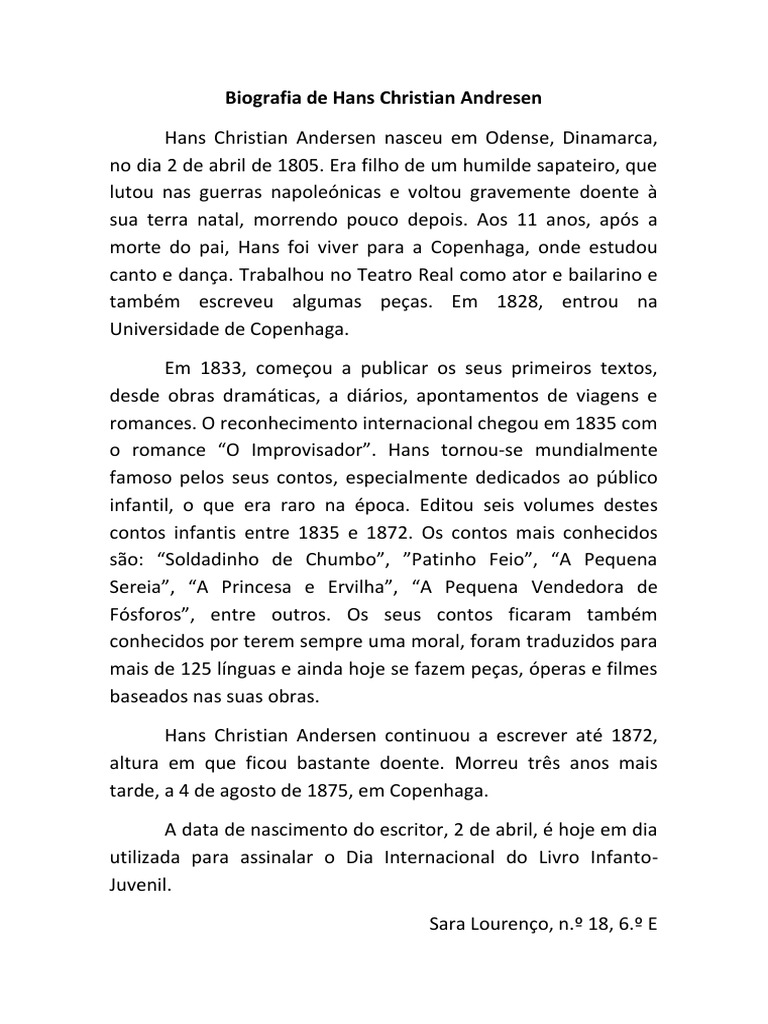 Biografia de Hans Christian Andresen - SARA | PDF