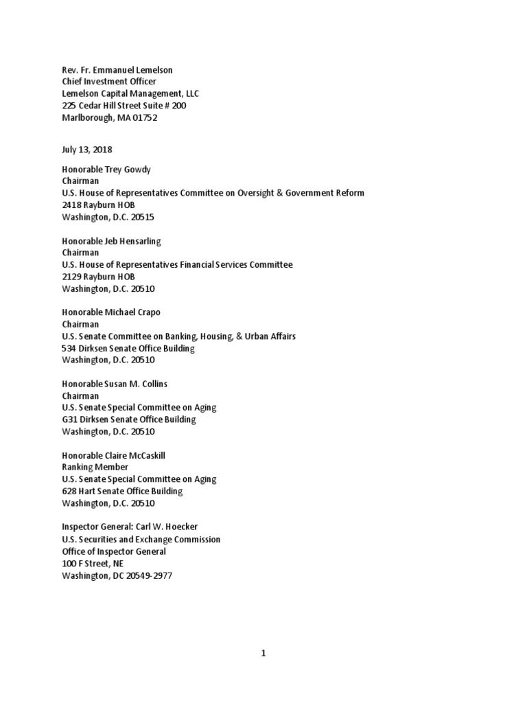 Rev. Fr. Emmanuel Lemelson Calls On Congress, Office of Inspector ...