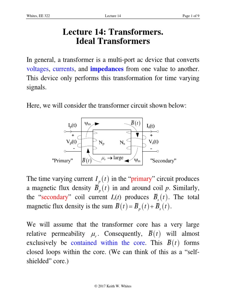Lecture 14: Transformers. Ideal Transformers: Voltages Currents | PDF ...