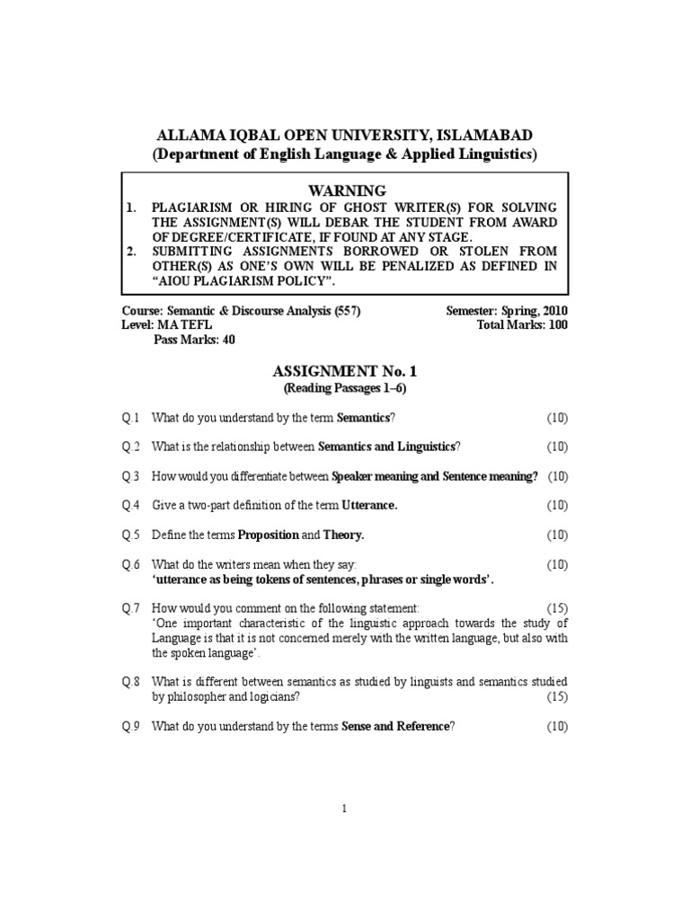 Semantic Discourse Analysis Assignments | PDF | Semantics | Linguistics