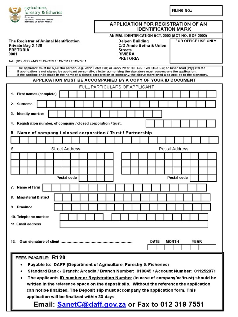Animal Identification Mark Registration Form | PDF | Signature ...
