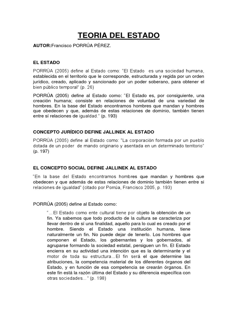 Teoría del Estado según Francisco Porrúa Pérez: Elementos, fines y funciones esenciales | PDF ...