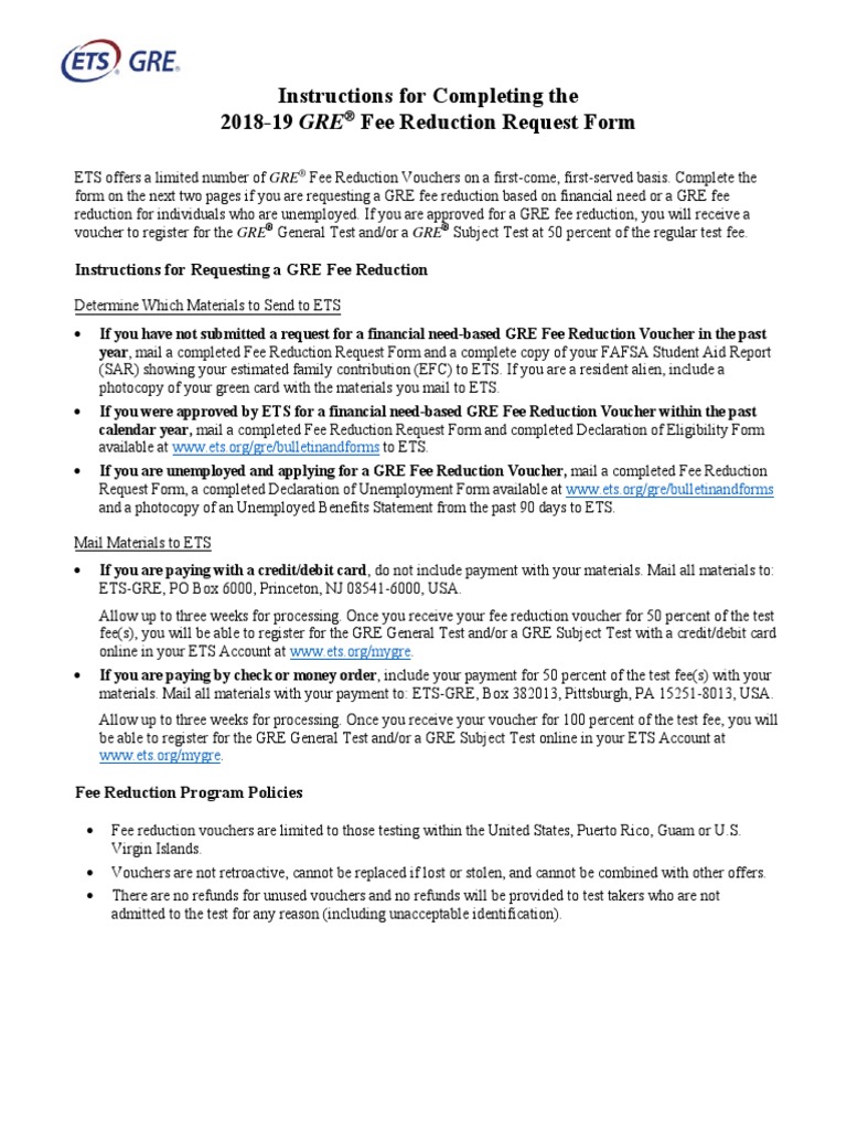 GRE Fee Reduction Request Form | PDF | Graduate Record Examinations ...