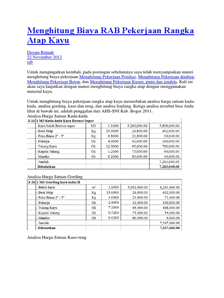 Titorial Cara Menghitung Biaya RAB Pekerjaan Rangka Atap Kayu | PDF ...