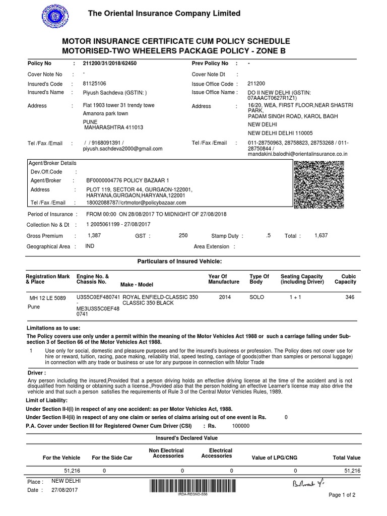 Motor Insurance Policy Document 2017 | PDF | Driver's License | Insurance