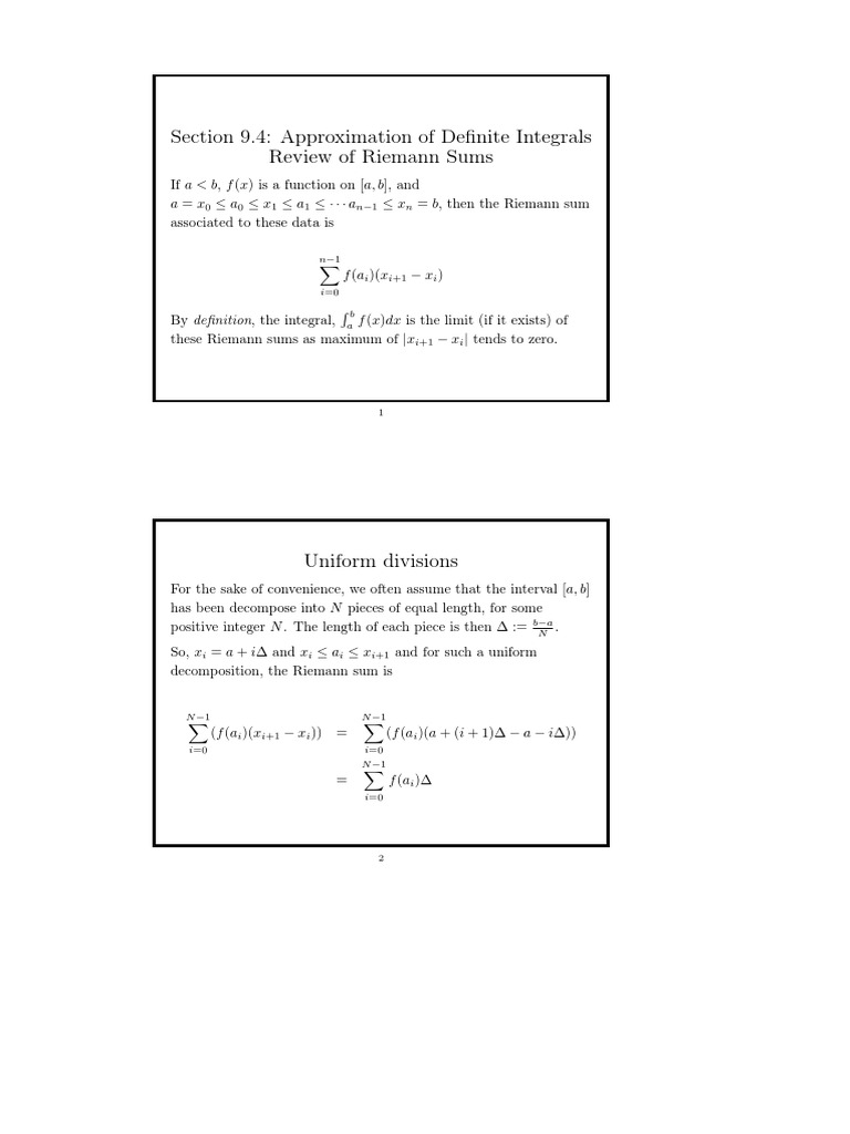 Section 9.4: Approximation of Definite Integrals Review of Riemann Sums ...