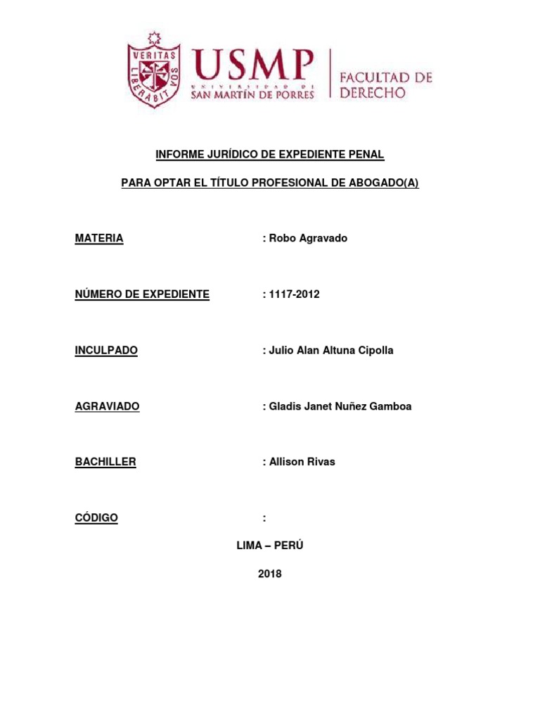 Informe Jurídico de Expediente Penal Robo Agravado Allison Rivas | PDF ...