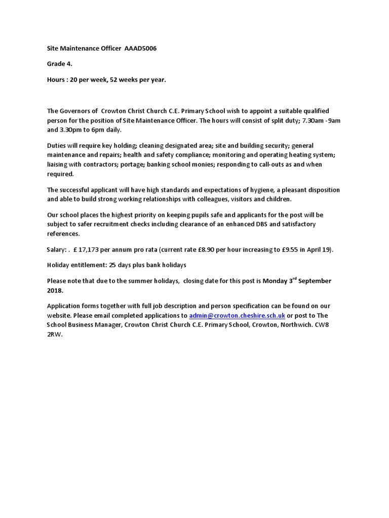 Site Maintenance Officer Position at Crowton | PDF | Government | Business
