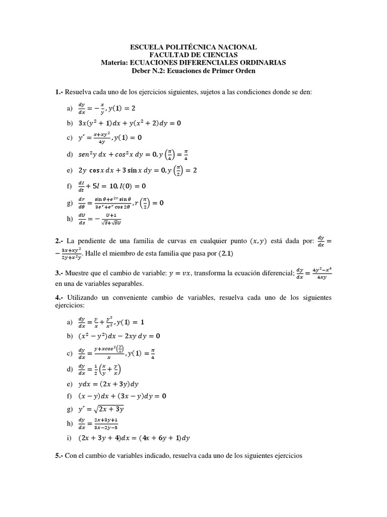 Deber 2 Ecuacion Primer Orden | PDF | Ecuaciones | Integral