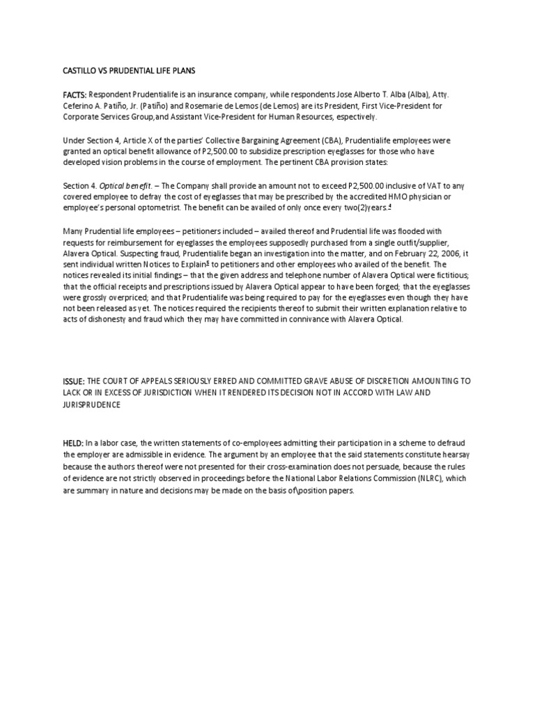 Castillo Vs Prudential Life Plans | PDF | Hearsay | Employment