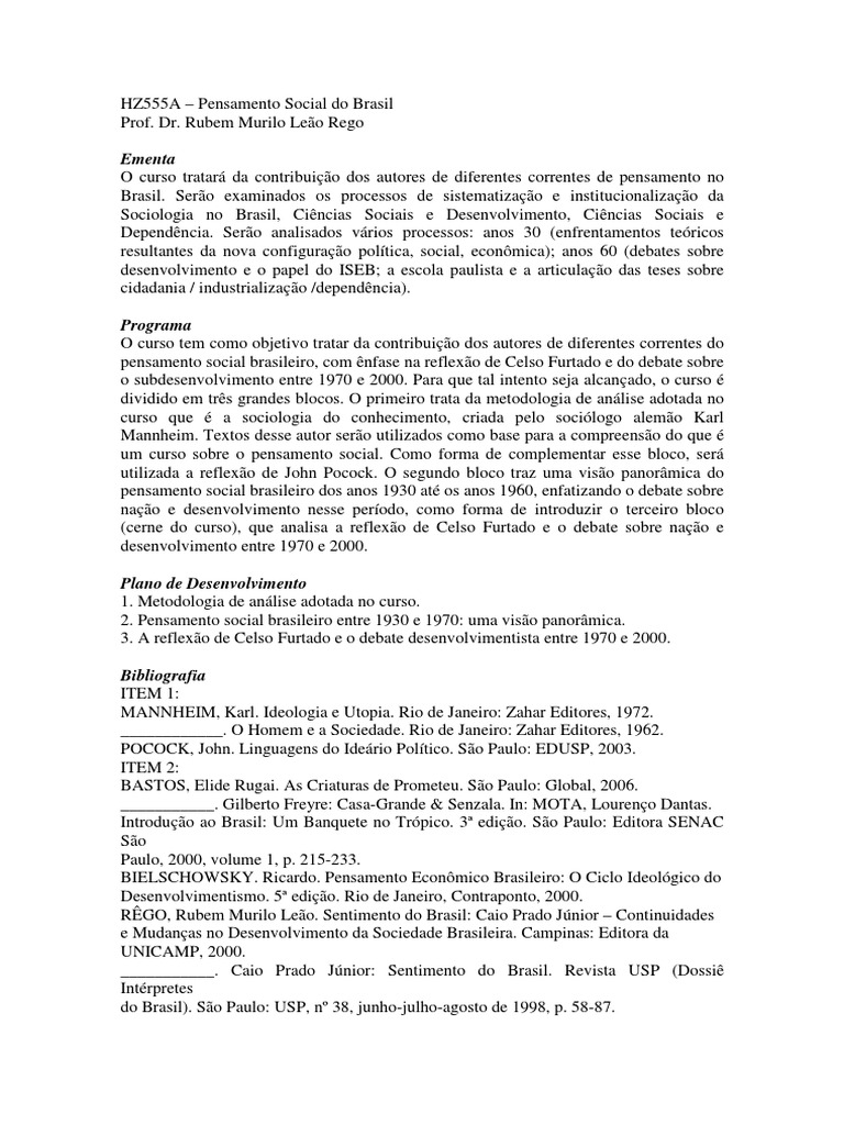 Ementa Unicamp - Pensamento Social Brasileiro - Prof. Rubem Rego | PDF | Sociologia | Brasil