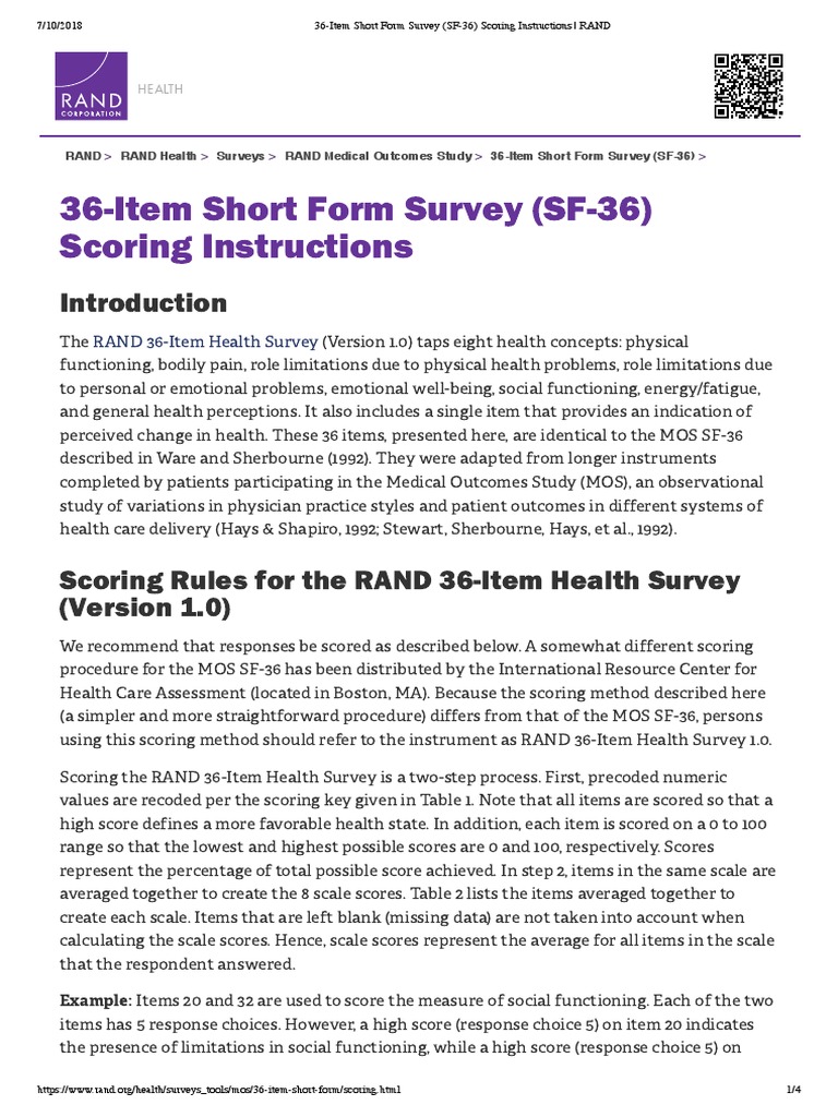 36-Item Short Form Survey (SF-36) Scoring Instructions - RAND | PDF ...