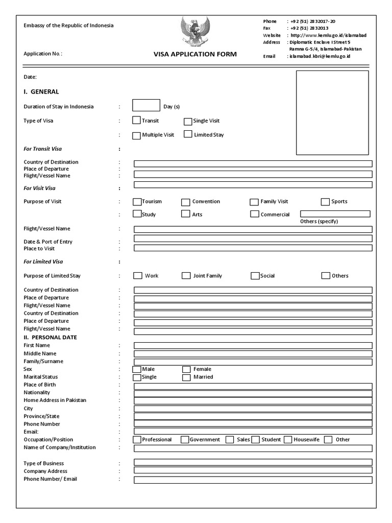 Visa Form Embassy of The Republic of Indonesia | PDF | Travel Visa ...
