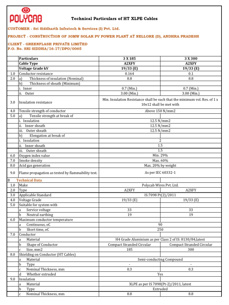 Technical Specifications and Ratings for 3C x 185 mm2 and 3C x 300 mm2 ...