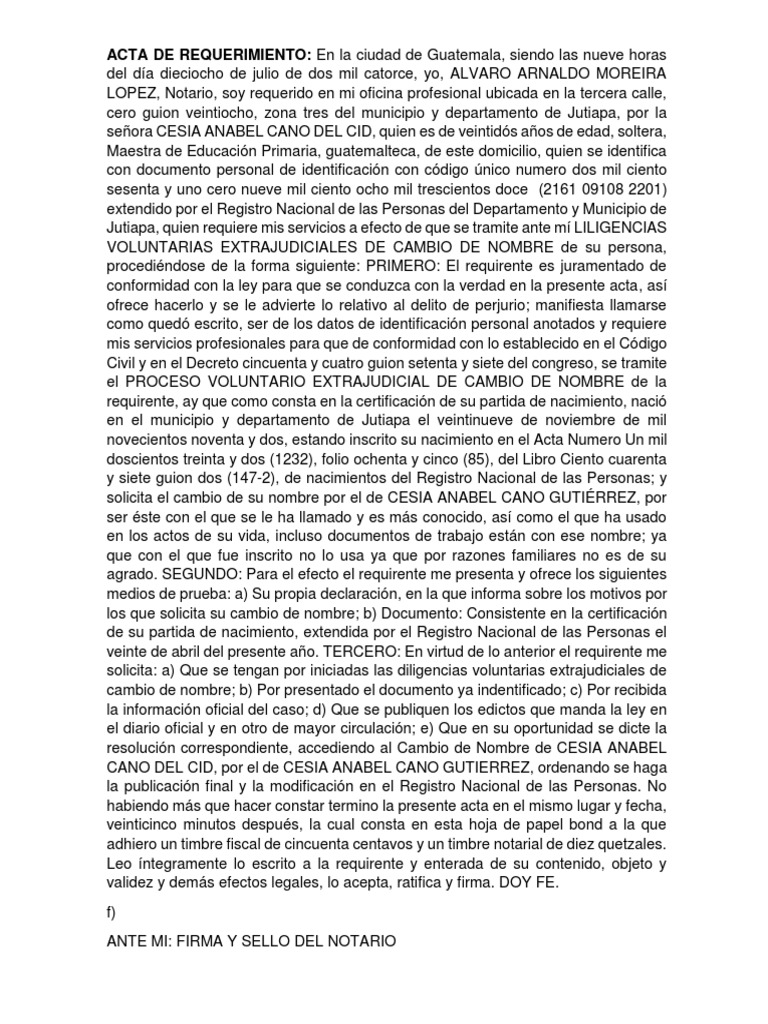 Acta De Requerimiento Cambio De Nombre Gobierno Política