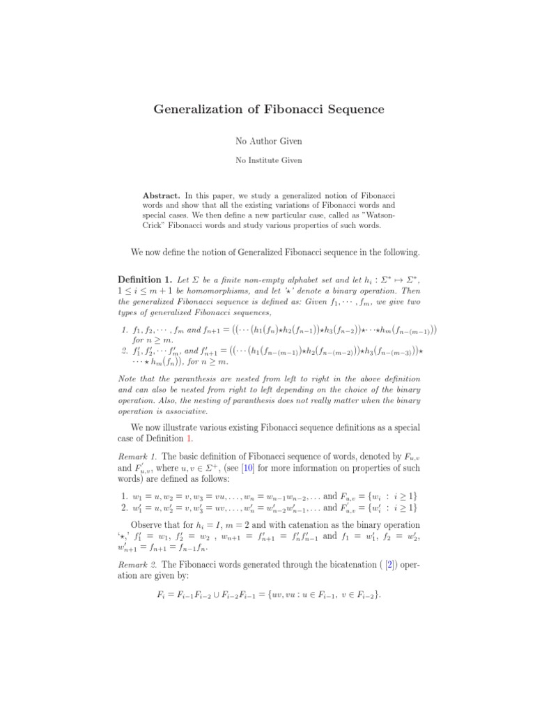 Generalization of Fibonacci Sequence | PDF | Sequence | Mathematical ...
