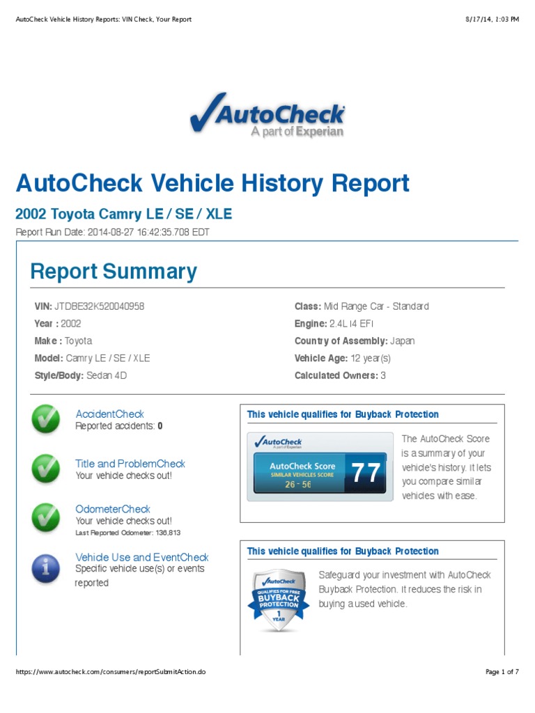 Autocheck Vehicle History Report | PDF | Department Of Motor Vehicles ...