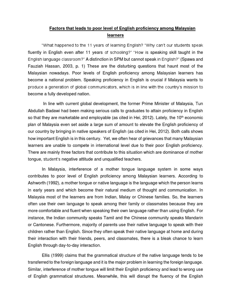 Factors Behind Poor English Proficiency in Malaysia | PDF | Teachers ...