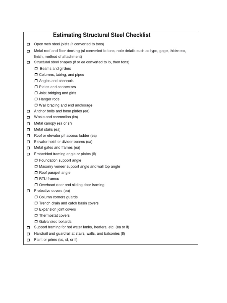 Estimating Structural Steel Checklist | PDF