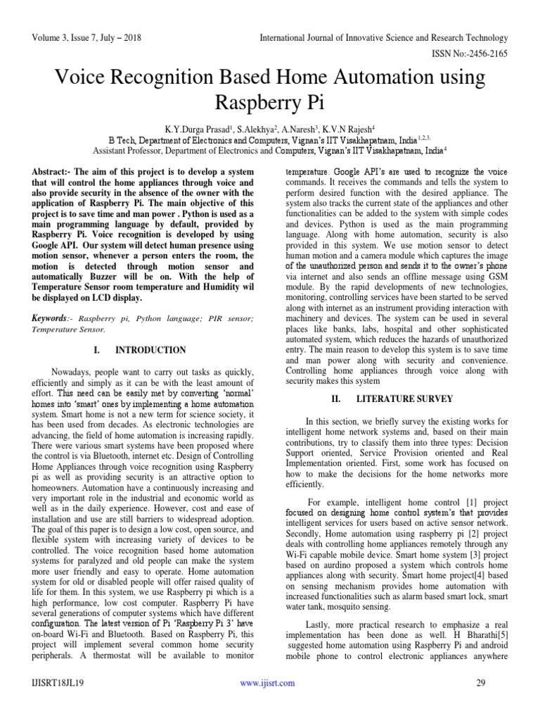 Voice Recognition Based Home Automation Using Raspberry Pi Pdf Raspberry Pi Automation