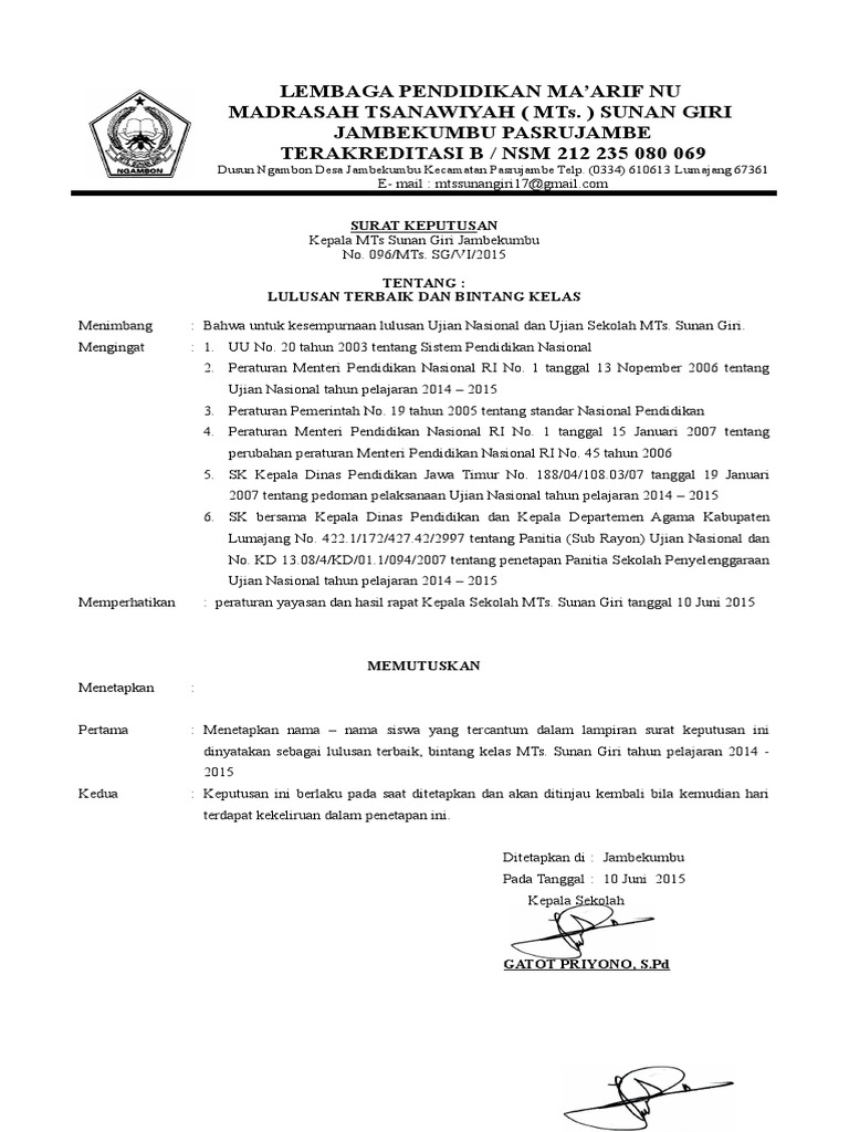 SK Lulusan MTs Sunan Giri | PDF