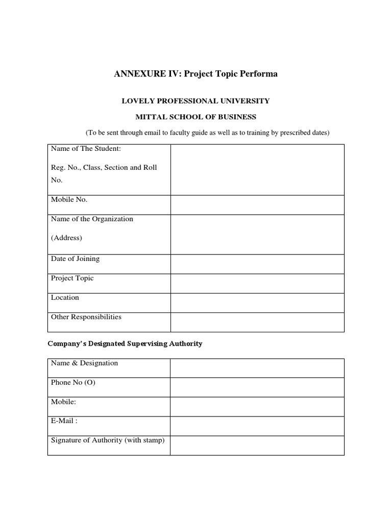 ANNEXURE IV: Project Topic Performa: Lovely Professional University ...