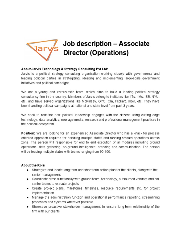 Associate Director Operations | PDF | Business | Economies