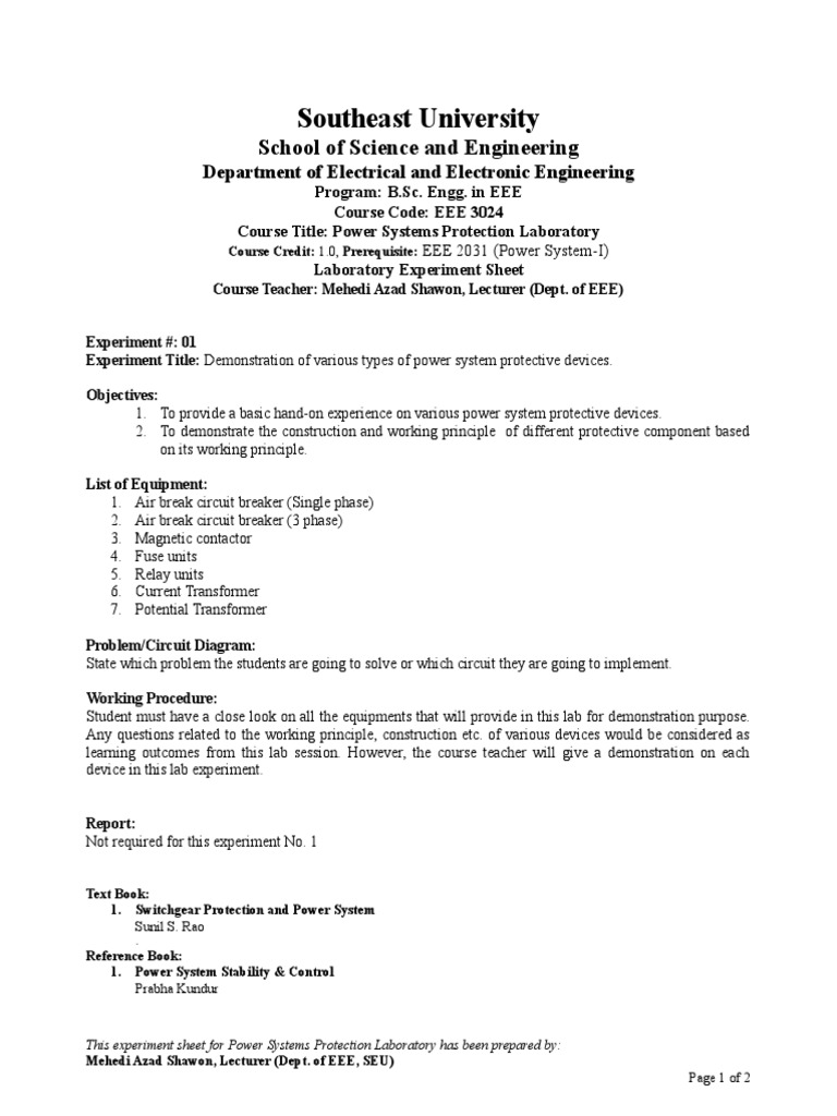 Power Systems Protection Lab Guide | PDF | Electric Power System ...
