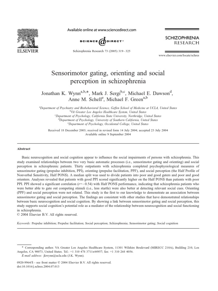 Sensorimotor Gating, Orienting and Social Perception in Schizophrenia ...