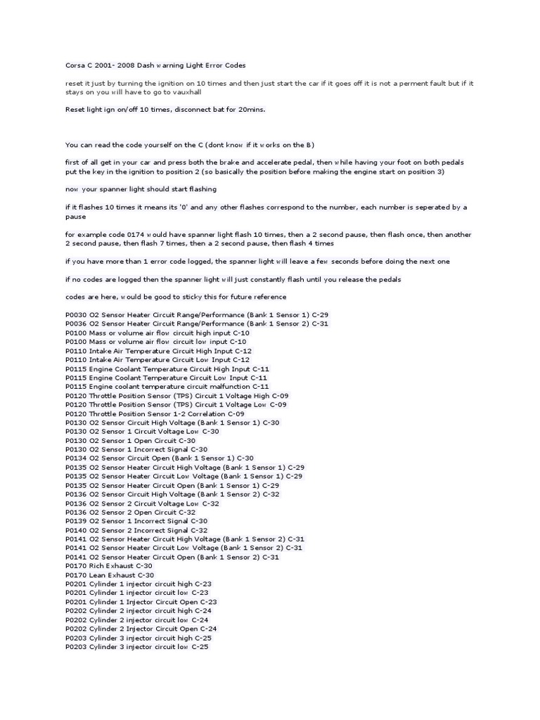 Corsa C 2001-2009 ECU Error Codes | Download Free PDF | Throttle | Fuel ...