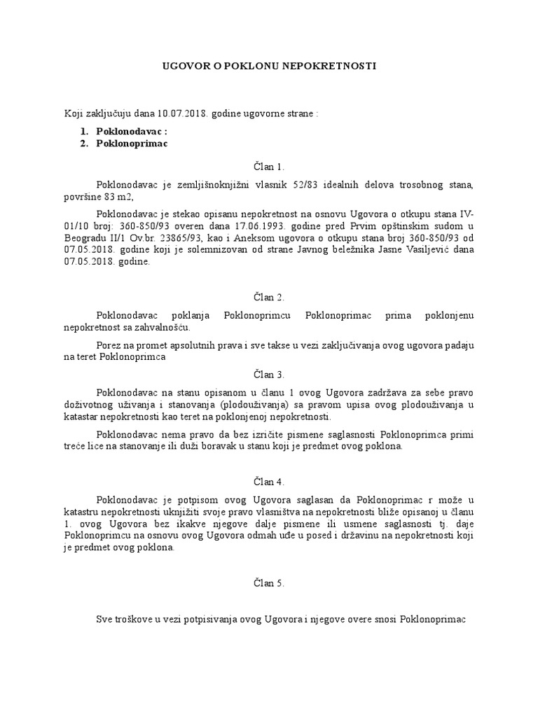 Ugovor o Poklonu Nepokretnosti | PDF