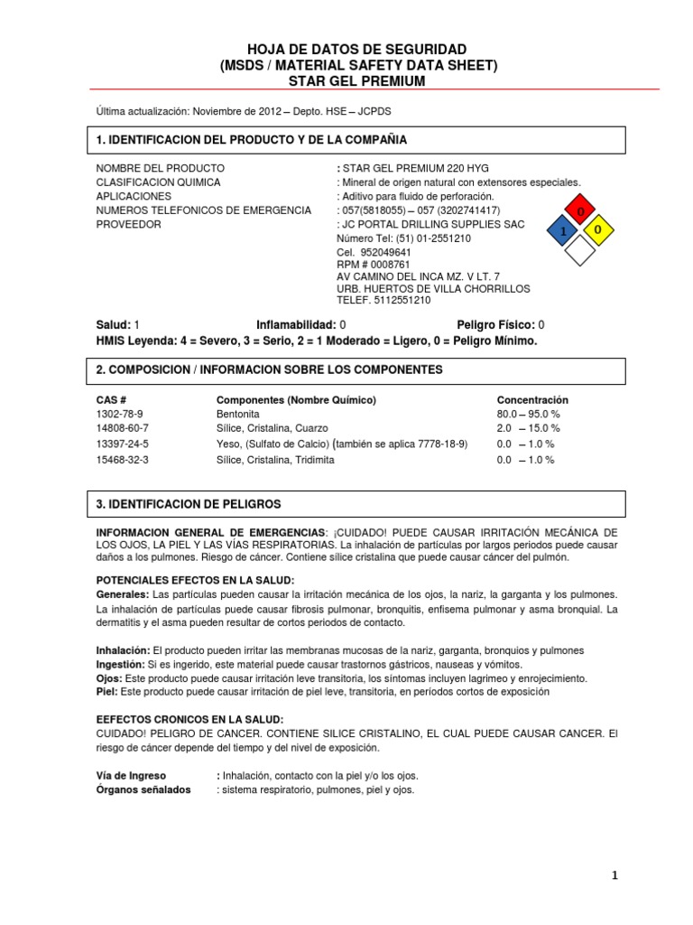 Safety Data Sheet for Star Gel Premium Drilling Fluid Additive | PDF ...