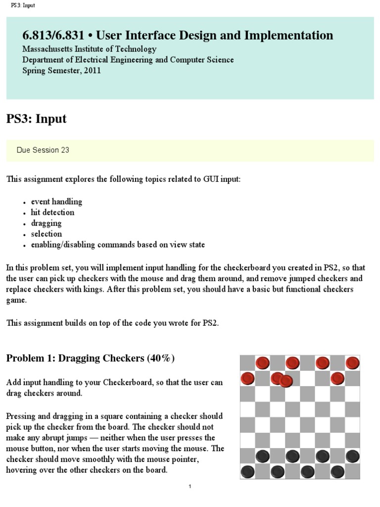 6.813/6.831 - User Interface Design and Implementation: Problem 1: Dragging Checkers (40%) | PDF ...