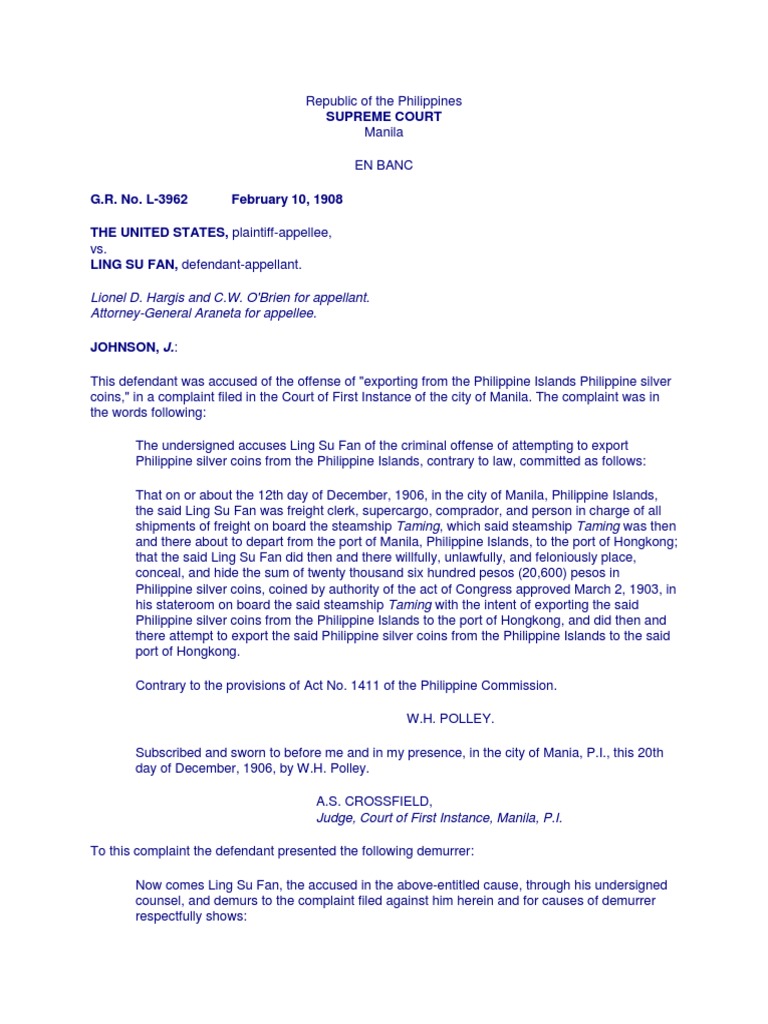 US vs. Ling Su Fan: Silver Coin Export Case | PDF | Due Process Clause ...