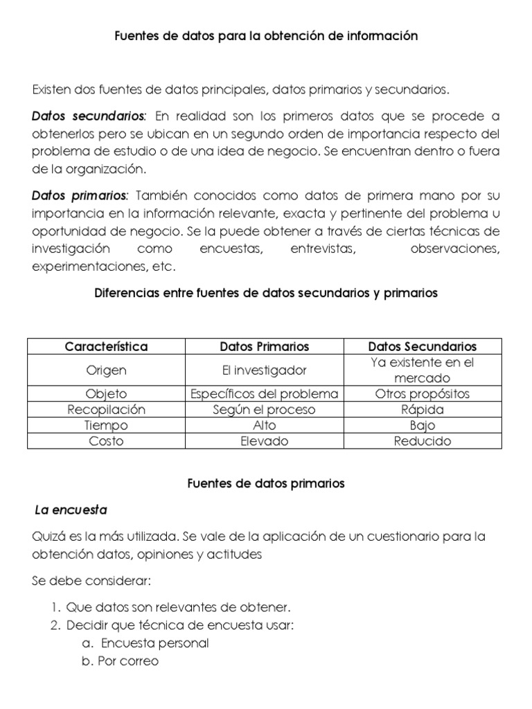 Fuentes de Datos: Primarios vs Secundarios | PDF | Cuestionario ...