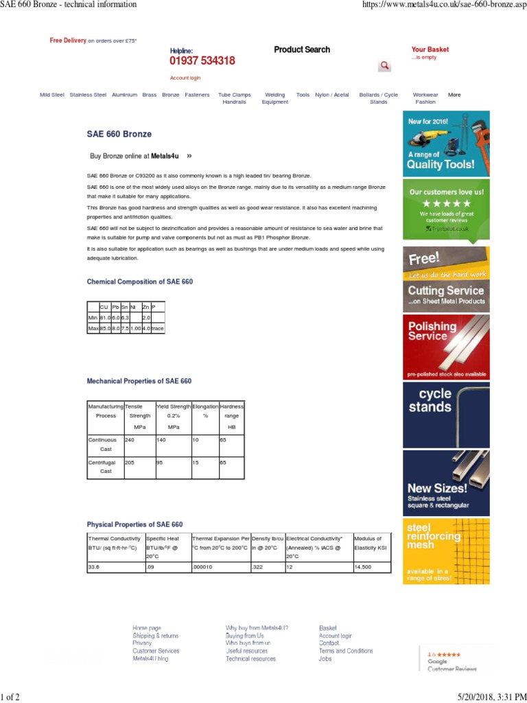 SAE 660 Bronze Properties and Composition | PDF | Bronze | Strength Of ...