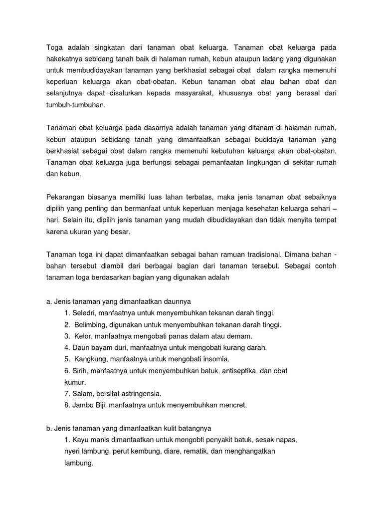 Manfaat dan Jenis Tanaman Obat Keluarga (TOGA) | PDF