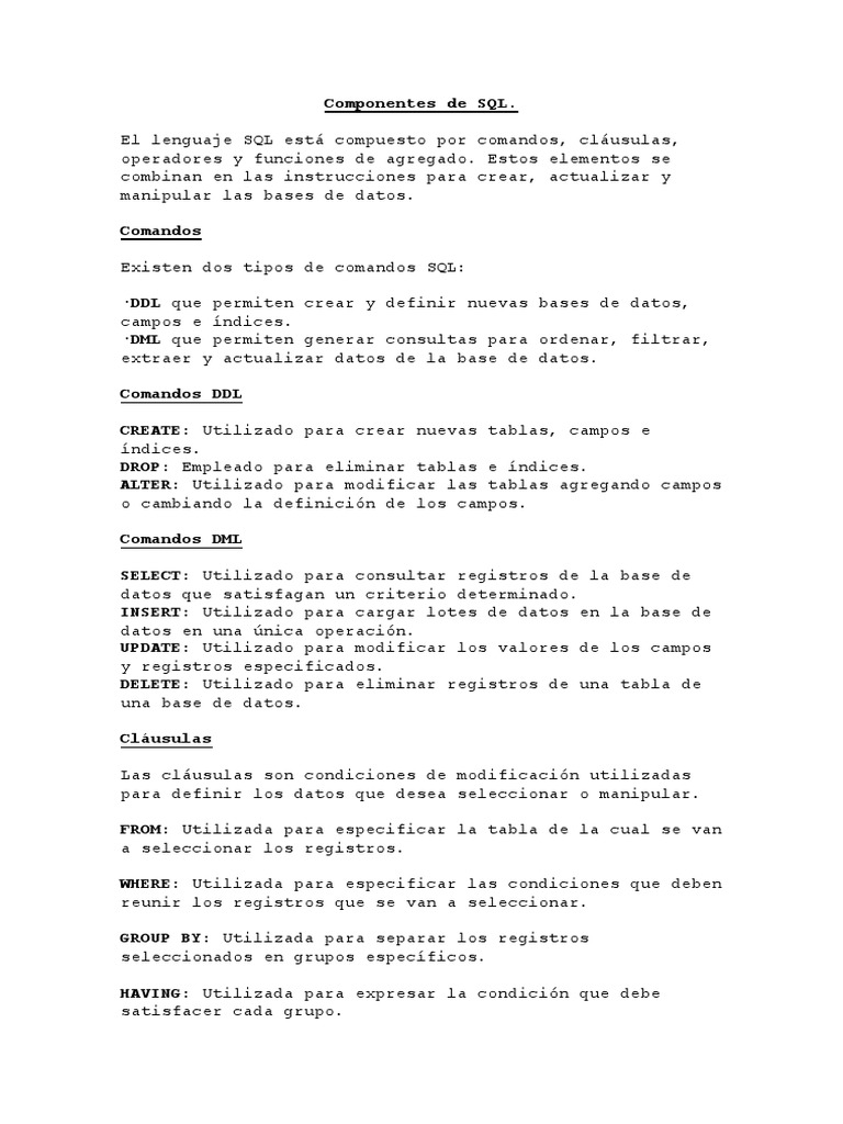 Componentes de SQL | PDF | SQL | Gestión de la información