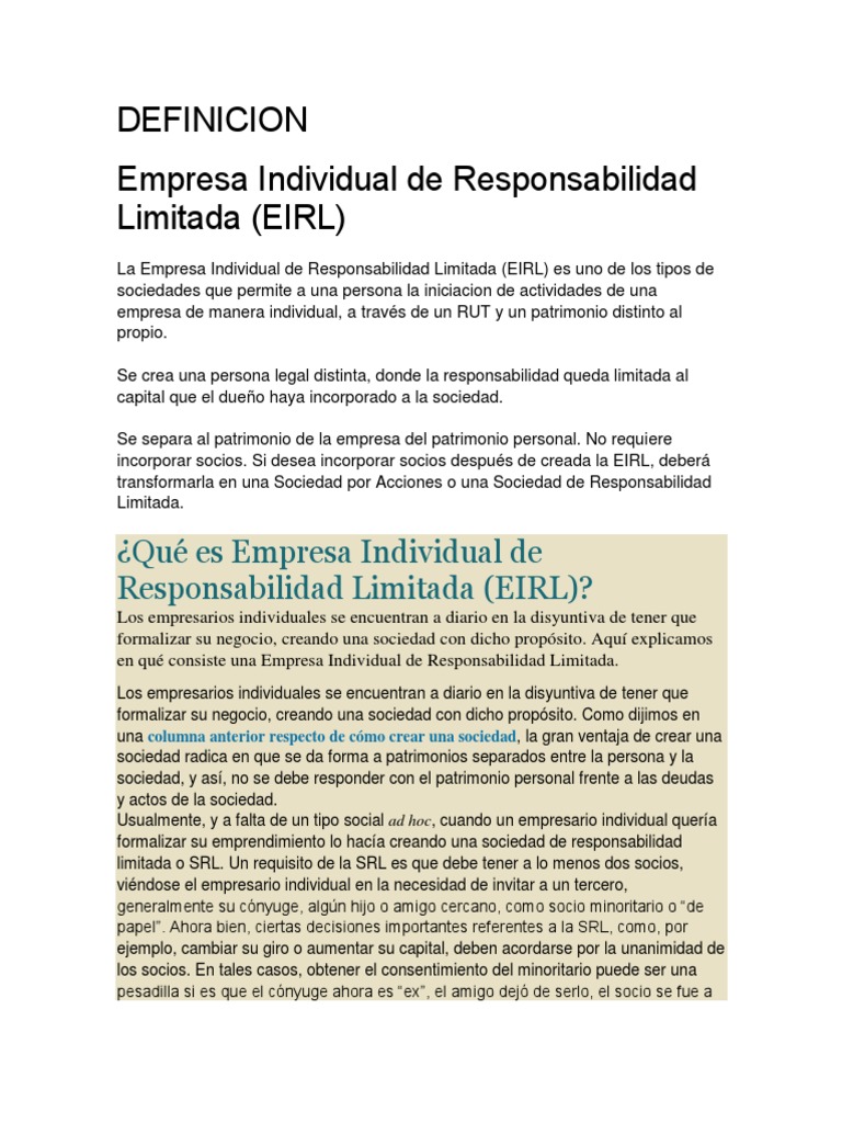 Definicion Eirl | PDF | Sociedad de responsabilidad limitada | Derecho ...