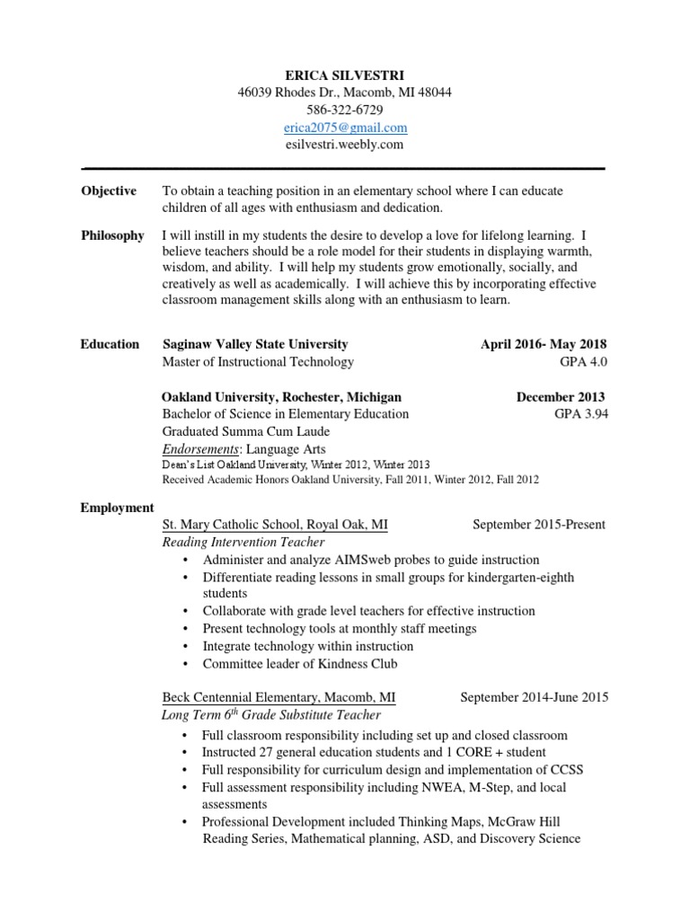 Resume 2018-Erica Silvestri | PDF | Teachers | Curriculum